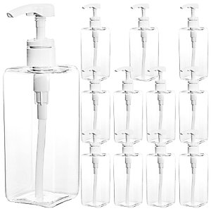 Okllen 12 Pack 16 Oz Plastic Pump Bottles, Empty Refillable Container Liquid Soap Dispenser for Shampoo, Lotion, Cleaning Products, Kitchen, Bathroom, Clear Square