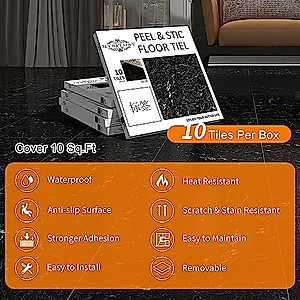 Mysflosy Peel and Stick Floor Tiles, Self Adhesive Waterproof Vinyl Flooring, 12''x12'' Dark Jade Black DIY Floor Sticker for Kitchen, Bathrooms & Bedroom, 1.5mm Thickness, 10 Tiles