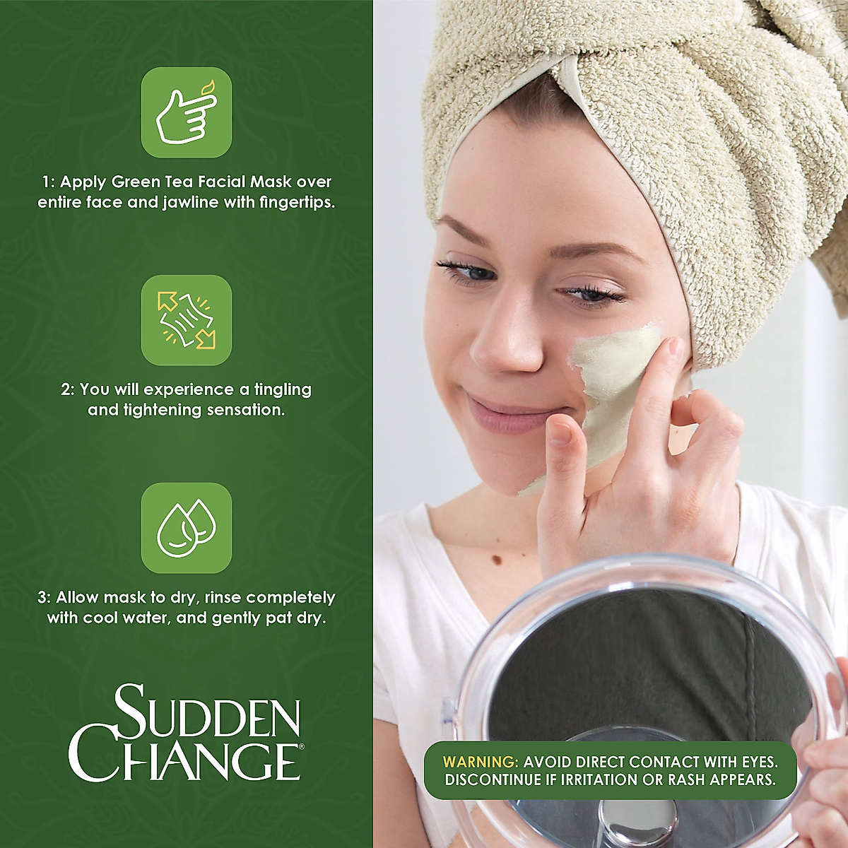Sudden Change Green Tea Facial Mask – Diminish Wrinkles, Puffiness & More - Improve Texture, Purify Pores & Remove Excess Oil – Made with Antioxidants - Cooling Sensation for Relaxation (3.4 oz)