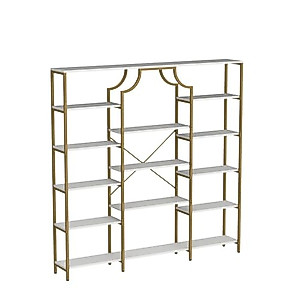 Loomie Triple Wide Bookshelf, 70.87" W/H Large Tall Etagere Bookcase, Modern 13-Open Shelves Geometric Bookshelf, Display Storage Metal Book Case, for Bedroom, Home Office & Living Room, Gold & White