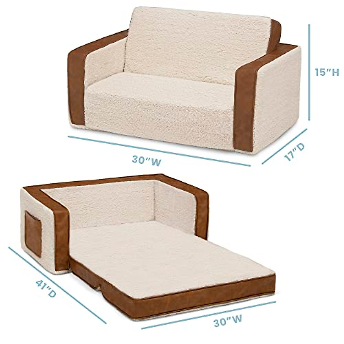 Delta Children Cozee Flip-Out Sherpa 2-in-1 Convertible Sofa to Lounger for Kids, Cream Sherpa/Faux Leather