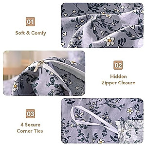 Lekesky Cotton Duvet Cover Set 100% Washed Cotton Queen Size Floral Printed Bedding Duvet Cover Set Garden Style Comforter Cover Set 3 Pcs Soft Bedding Set with Zipper Closure and 4 Ties