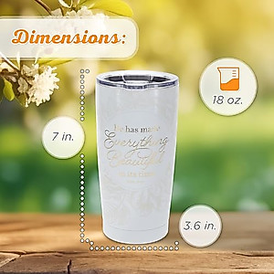 Christian Art Gifts Large Travel Tumbler for Women Stainless Steel Vacuum Insulated Inspirational Scripture: Everything Beautiful, Retractable Lid, Ivory White Floral, 18 oz.