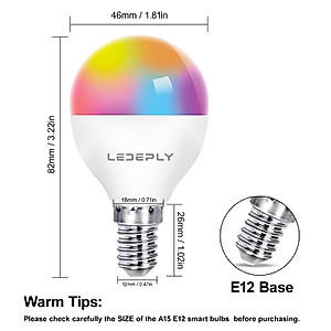 A15 LED Smart Bulb, 5W=40W,Compatible with Alexa, Google Assistant, E12 Base, Dimmable, WiFi, RGB Color Changing, Tunable White 2700K-6500K, Globe Shape, G45 Ceiling Fan Light Bulbs 4 Pack