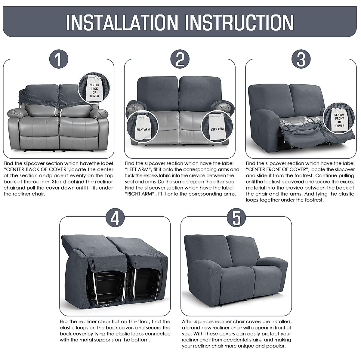TAOCOCO Recliner Loveseat Slipcover, 6 Pieces Dual Recliner Sofa Covers for 2 Seat Dual Reclining Loveseat Couch, Stretch Soft Jacquard Pattern Furniture Protector with Elasticity Grey
