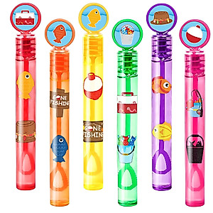 24PCS Gone Fishing DIY Bubble Wands Party Favors 96PCS Stickers for Goodie Bag Fillers Pinata Stuffers, Mini Bubble Bulk Birthday Party Supplies Toys Gifts Class Prizes for Toddlers Boys Girls