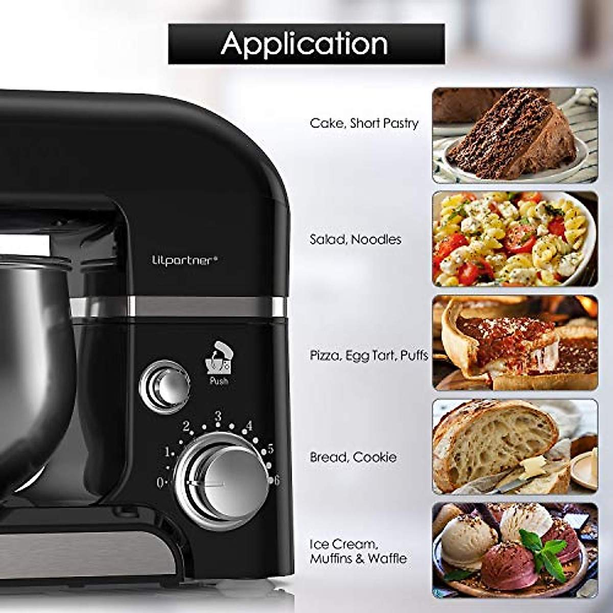 Stand Mixer, 1000W Kitchen Mixer Electric Food Mixer, 6 Speeds with 304 Stainless Steel Bowl Tilt-Head Dough Mixer, Dough Hook, Whisk, Beater, Splash Guard & Scraper