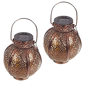 Set of 2 Solar Outdoor Lights - Hanging or Tabletop Rechargeable LED Lantern Set with 2 Shepherd Hooks for Outdoor Decor by Pure Garden (Bronze)