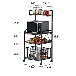 Gdrasuya10 Kitchen Baker's Rack Microwave Stand Cart on Wheels 4 Tier Shelves with Large Metal Baskets Utility Storage Shelf Rolling Cart Fruit Vegetable Kitchen Organizer Rack