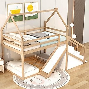 Merax Twin Over Twin Bunk Bed with Slide and Storage Stairs for 2 Kids, Boys, Girls, Teens, Wood House Bed Frame & Full-Length Fence for Children's Room, Bedroom, Solid Wooden Slats Support, White