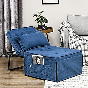 HOMCOM Ottoman Sofa Bed, 4 in 1 Multi-Function Button Tufted Folding Sleeper Chair Bed with Adjustable Backrest, Pillow, Side Pocket for Home Office, Bedroom, Living Room, Blue
