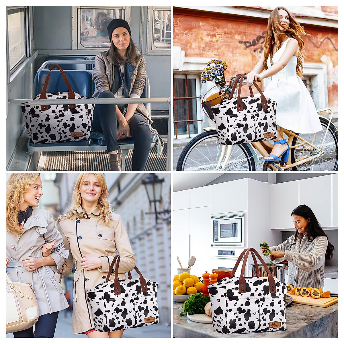 HOMESPON Fashionable Tote Reusable Insulated Lunch Bag Cooler Box with Pockets for Woman Man Work Shopping or Travel(Cow)