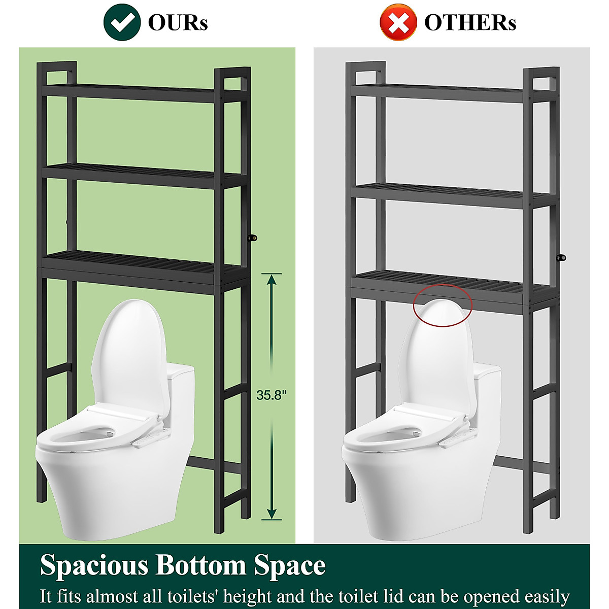 Smiry Over The Toilet Storage, Bamboo 3-Tier Over Toilet Bathroom Organizer with Adjustable Shelf, Fit Most Toilets, Space Saving, Stable Freestanding Storage Cabinet with 4 Hooks, Black