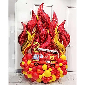 Enanal Fire Balloon Garland Arch Kit, 144pcs Red Yellow Chrome Gold Balloons with Fire Truck Foil Balloons for Fireman Party Supplies Kids Birthday Firefighter Rescue Themed Party Decoration (Fire)