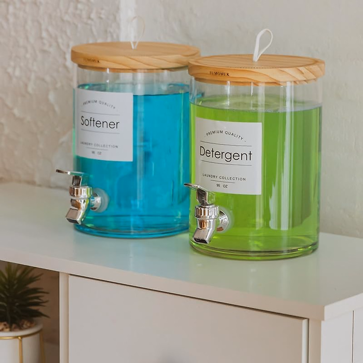 2 Pack Laundry Detergent Dispenser Glass Liquid Laundry Detergent Dispenser with Spout Laundry soap Dispenser with Labels Fabric Softener Dispenser