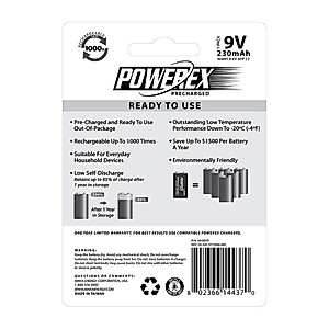 Powerex Low Self-Discharge Precharged 9V(9.6V) Rechargeable NiMH Batteries (MHR9VP), 1-pack
