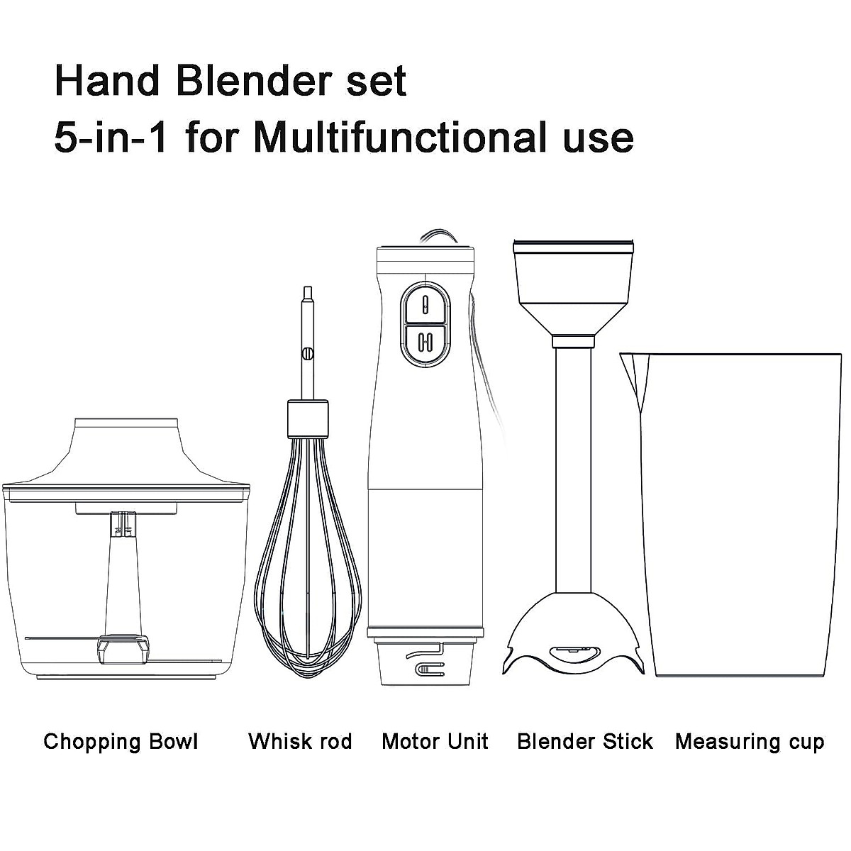 Immersion Blender Handheld, 5-in-1 Hand Blender for Kitchen, 2-Speed Stirrers Electric Whisk with 16.9OZ Food Chopper, 20.3OZ Container, Egg Whisk for Puree Infant Food Smoothies Sauces Soups