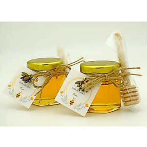 Adabocute 40 Pack Mini Honey Jars with Wood Dipper | Gold Lid | Bee Pendants| | Beige Gift Bags | Thanks for Beeing Here Tags | Ideal for Baby Showers & Wedding Favors