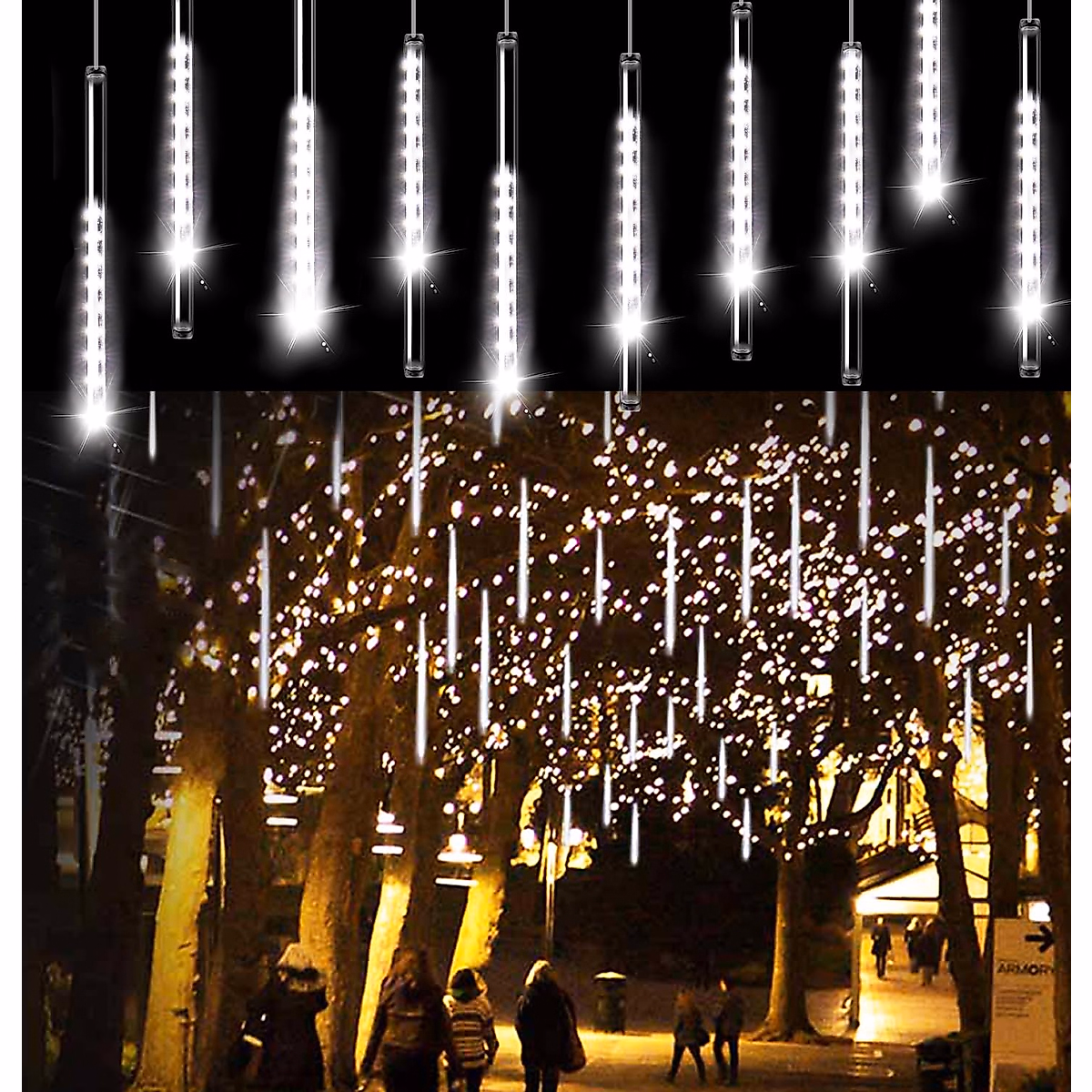 Aluan Christmas Lights Meteor Shower Rain Lights 10 Tube 240 LED 12 Inch Waterproof Plug in Falling Rain Fairy String Lights for Halloween Christmas Holiday Party Home Patio Outdoor Decoration, White