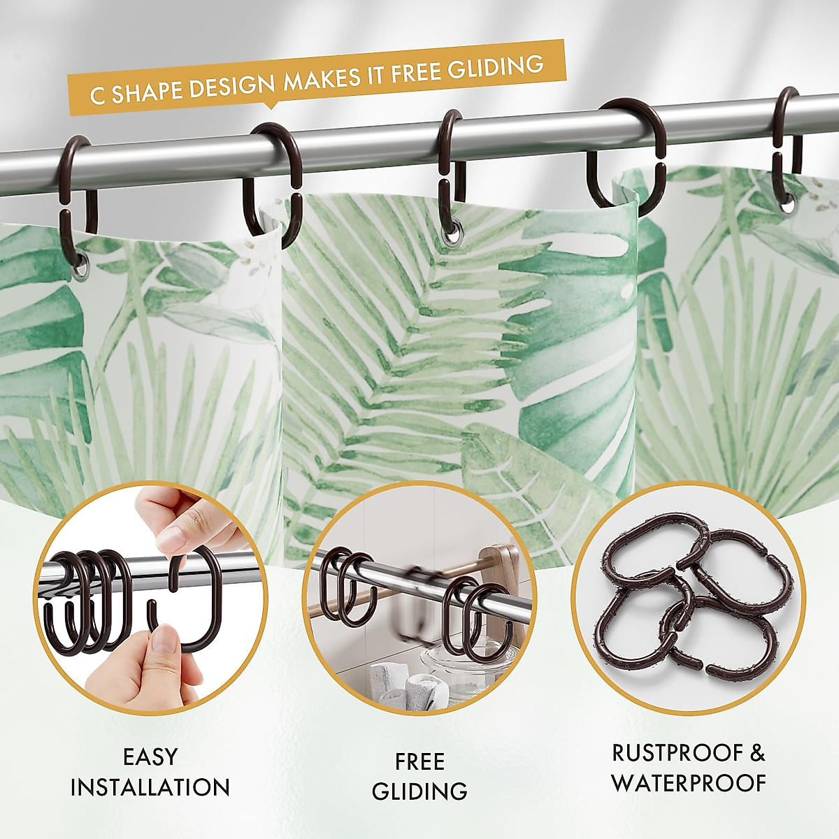 Amazer Plastic Shower Curtain Rings, 24 Pcs Brown Shower Curtain Rings, Shower Curtain Hooks Rings, Plastic Shower Curtain Hooks for Bathroom Shower Rod, Shower Rings Loops for Shower Curtain