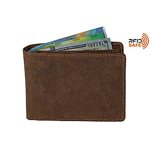 DiLoro Mens Buffalo Leather Wallet Bifold Flip ID Section Coin RFID Protection Full Grain Credit Card Holder Purse (Dark Hunter Brown)