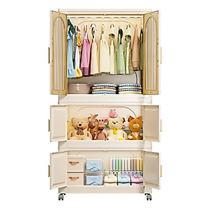 EHAMILY Portable Kids Closet Children's Wardrobe Collapsible Plastic Large Baby Clothes Cabinet Bedroom Nursery Armoire Toddler Dresser with Hanging Rod and Door Quick Install White