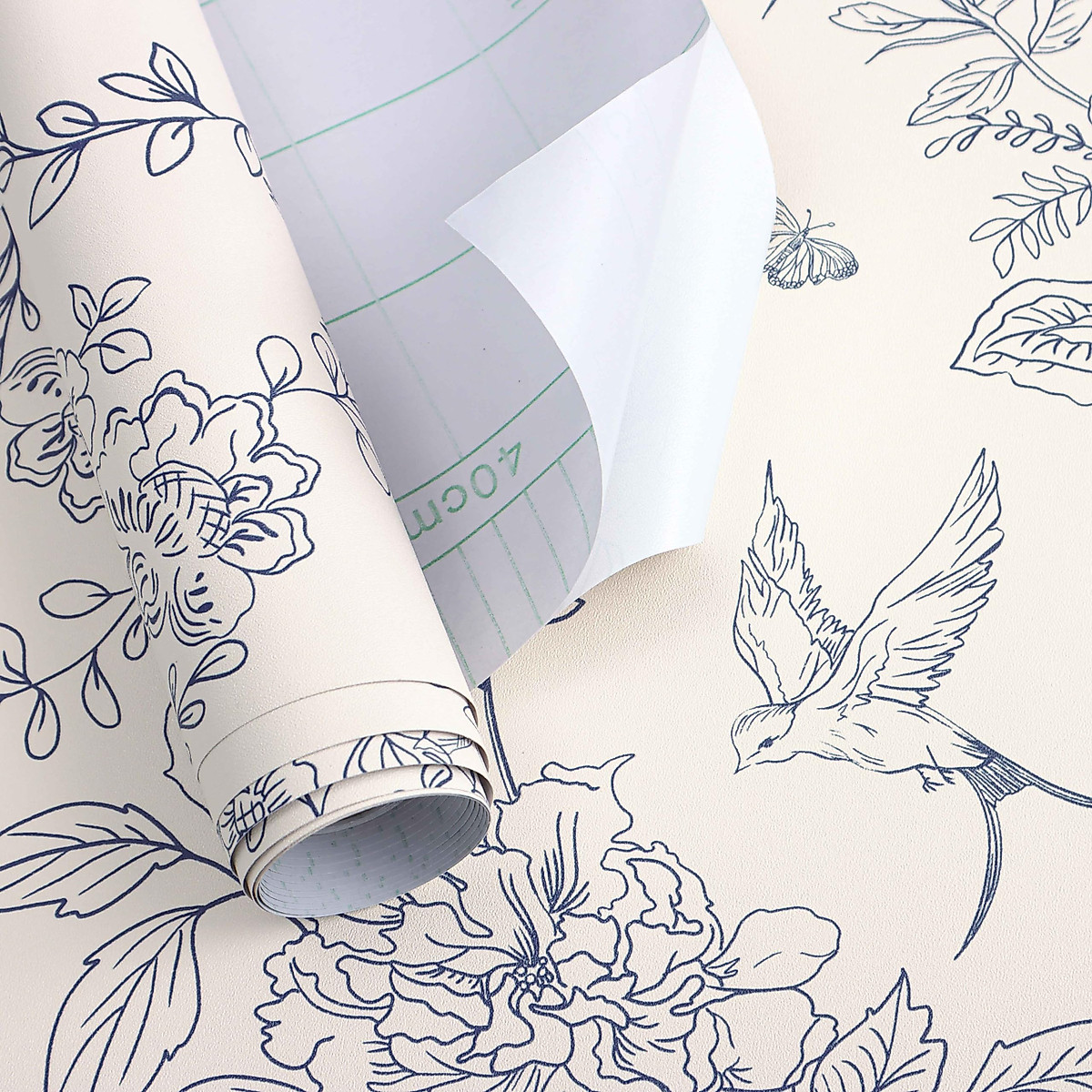 Froluya Vintage Floral Wallpaper Peel and Stick Wallpaper 118"x17.7" Removable Boho Peel and Stick Wallpaper Self Adhesive Wall Paper for Bedroom Cabinets Shelf Liner Vinyl Roll,Cream White and Blue