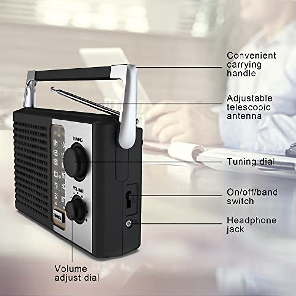 Yewrich AM FM Radio with Best Reception, Portable Battery Operated Transistor Radios, Headphone Jack, AC Powered, Suit for Senior and Home, Black