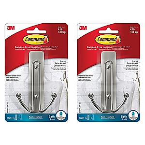 Command Large Double Bath Hook, Satin Nickel, 2-Hooks, 2-Large Water-Resistant Strips