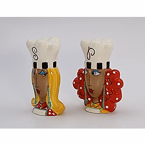 Fine Ceramic Dollymamas African American Black Fashion Chef Lady Salt & Pepper Shakers Set, 4-3/8" H