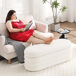 Busaurus Storage Ottoman Bench 49.2 Inch Upholstered Fabric Storage Bench for Bedroom End of Bed Aesthetic Large Oval Storage Ottoman for Living Room Entryway (Ivory)