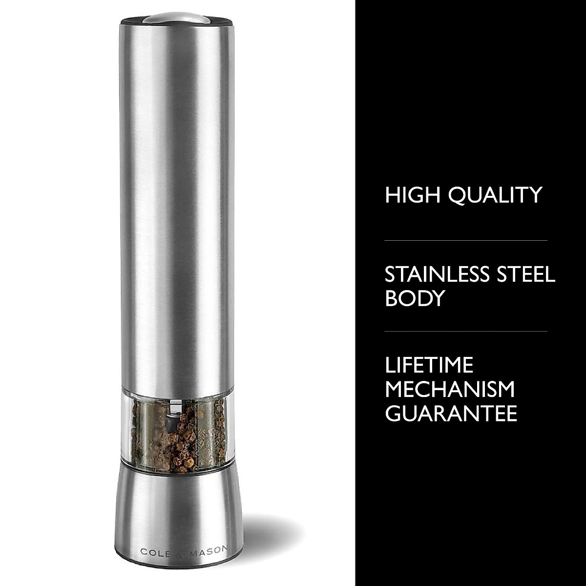 Cole & Mason Hampstead Electronic Pepper Mill - Electric Pepper Grinder Set - Adjustable Electric Spice Grinder - Kitchen Tool & Gadget - Hand Wash - Stainless Steel