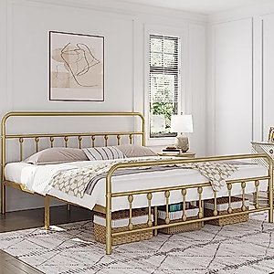 Topeakmart King Size Victorian Style Metal Bed Frame with Headboard/Mattress Foundation/No Box Spring Needed/Under Bed Storage/Strong Slat Support Antique Gold