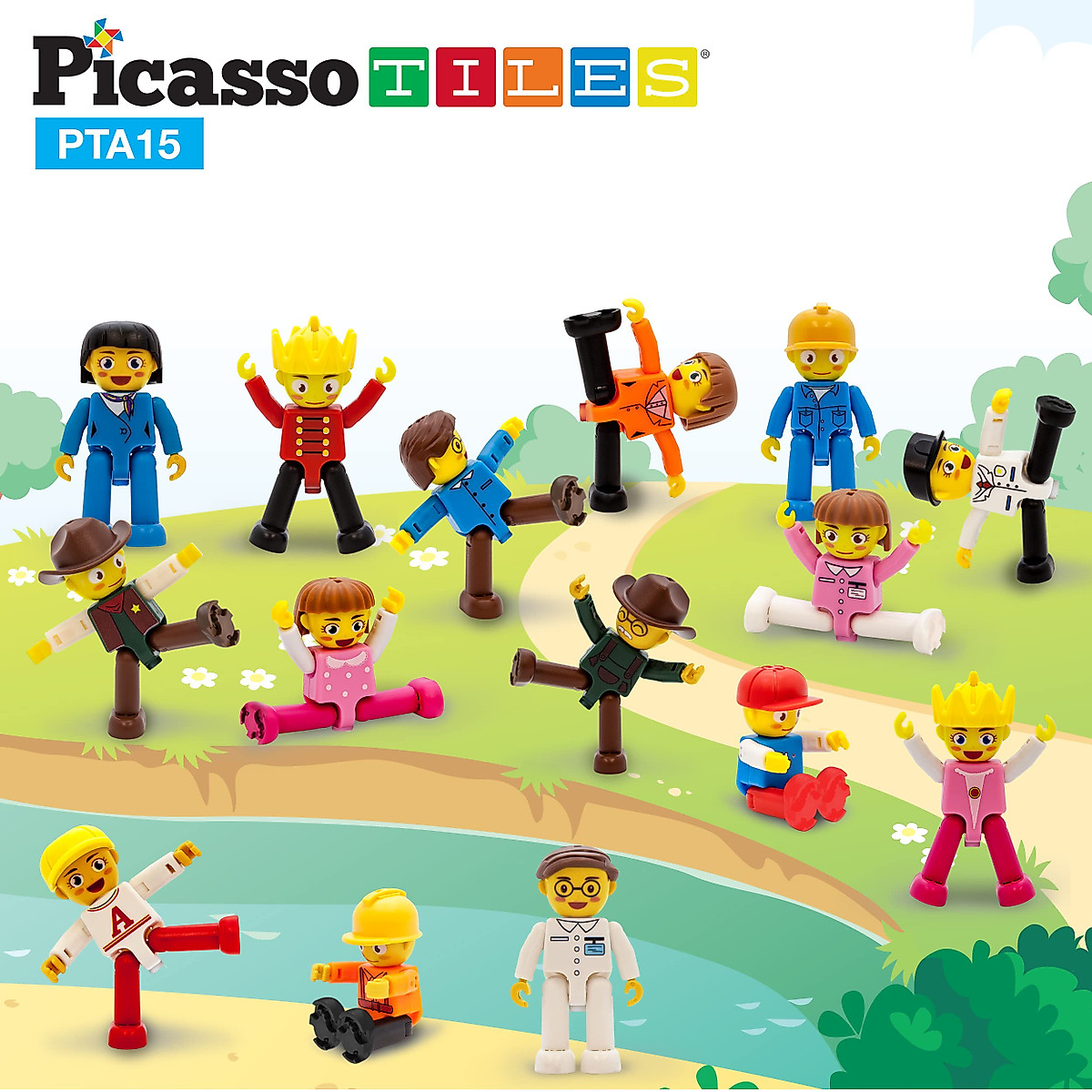 PicassoTiles 15-Piece Magnetic Character Action Figures Add-on Set for Construction Building Block Tiles