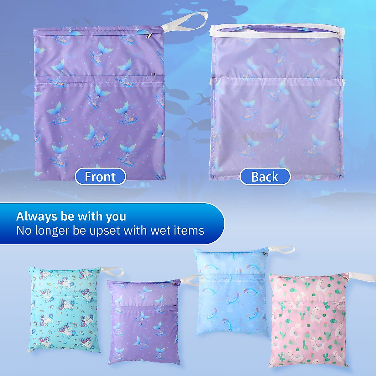 Frienda 4 Pieces Wet Dry Bag for Baby Waterproof Reusable Washable Diaper Bag Sealed with Handle for Travel, Beach, Swimsuit, Diapers, Dirty Gym Clothes and Toiletries (Mermaid)