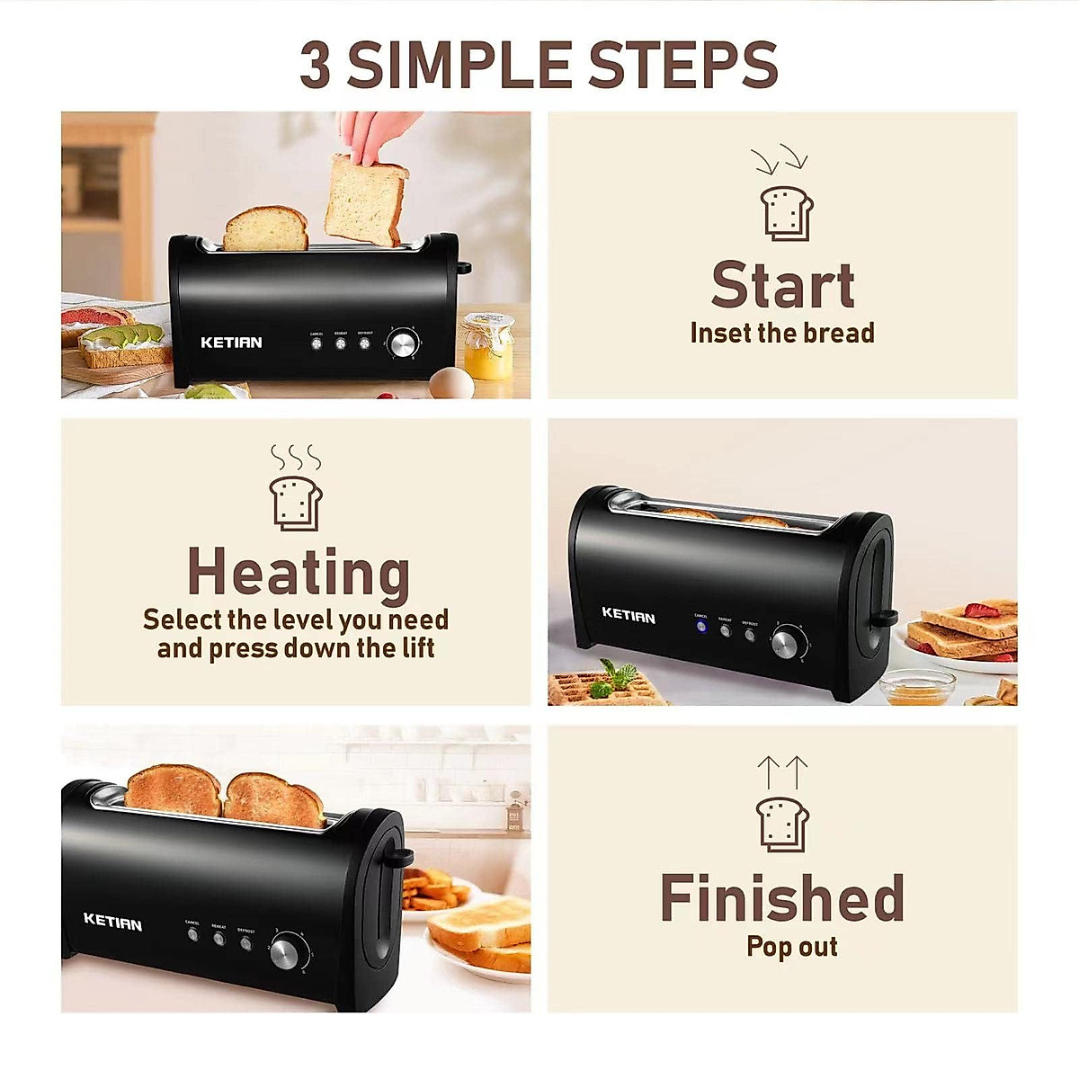 Long Slot Toaster 2 Slice,Cancel Reheat Defrost Functions,Removable Crumb Tray,6 Browning Settings,Extra Wide Long Slots,Stainless Steel,Black
