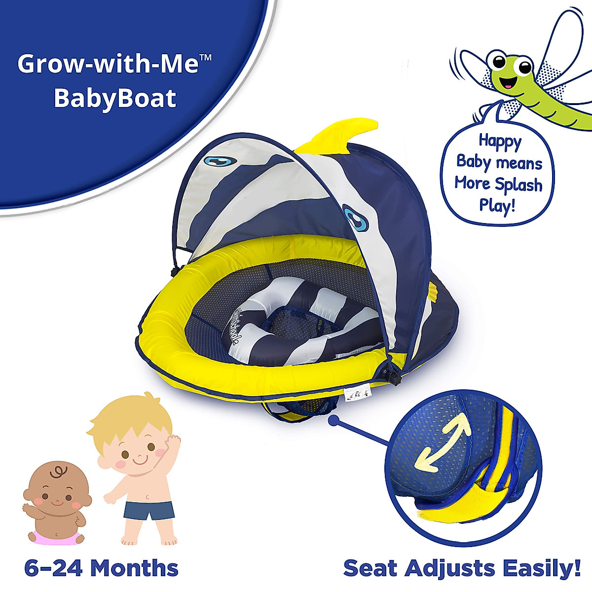 SwimSchool Deluxe Baby Float with Adjustable Canopy - 6-24 Months - Baby Swim Float with Splash & Play Activity Center Safety Seat - Navy/White