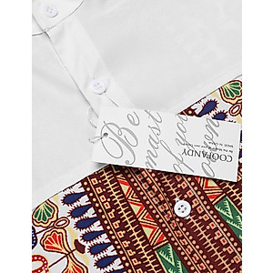 COOFANDY Men's African Dashiki Print Shirt Long Sleeve Button Down Shirt Bright Color Tribal Top Shirt White
