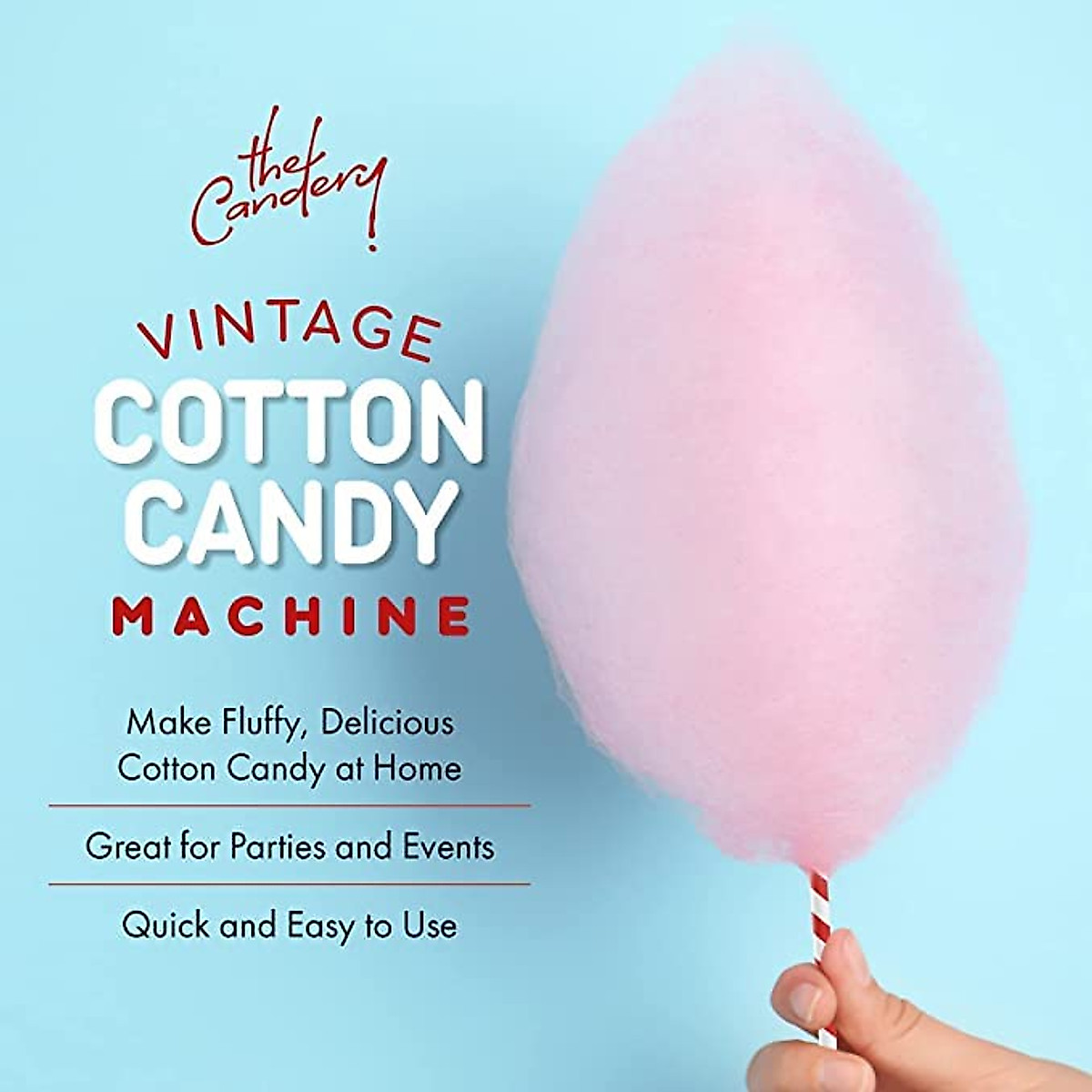 The Candery Cotton Candy Machine - Bright, Colorful Style- Makes Hard Candy, Sugar Free Candy, Sugar Floss, Homemade Sweets for Birthday Parties - Includes 10 Candy Cones & Scooper