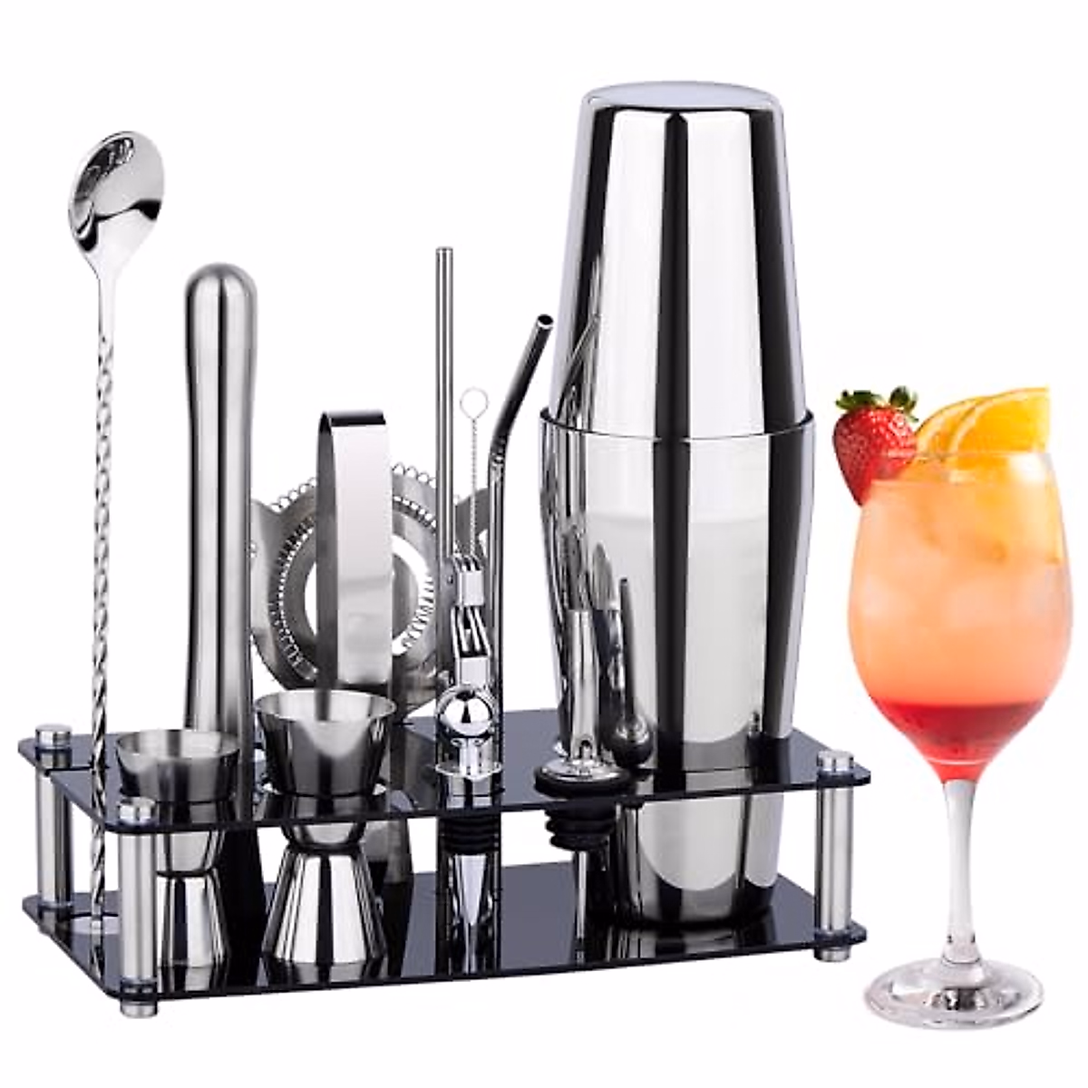 Cocktail Shaker Set Bartender Kit : 15-Piece Bar Tool Set with Acrylic Stand Bar Set with All Practical Bar Accessories, for Drink Mixing, Bar, Home, Lounge & Party, Silver
