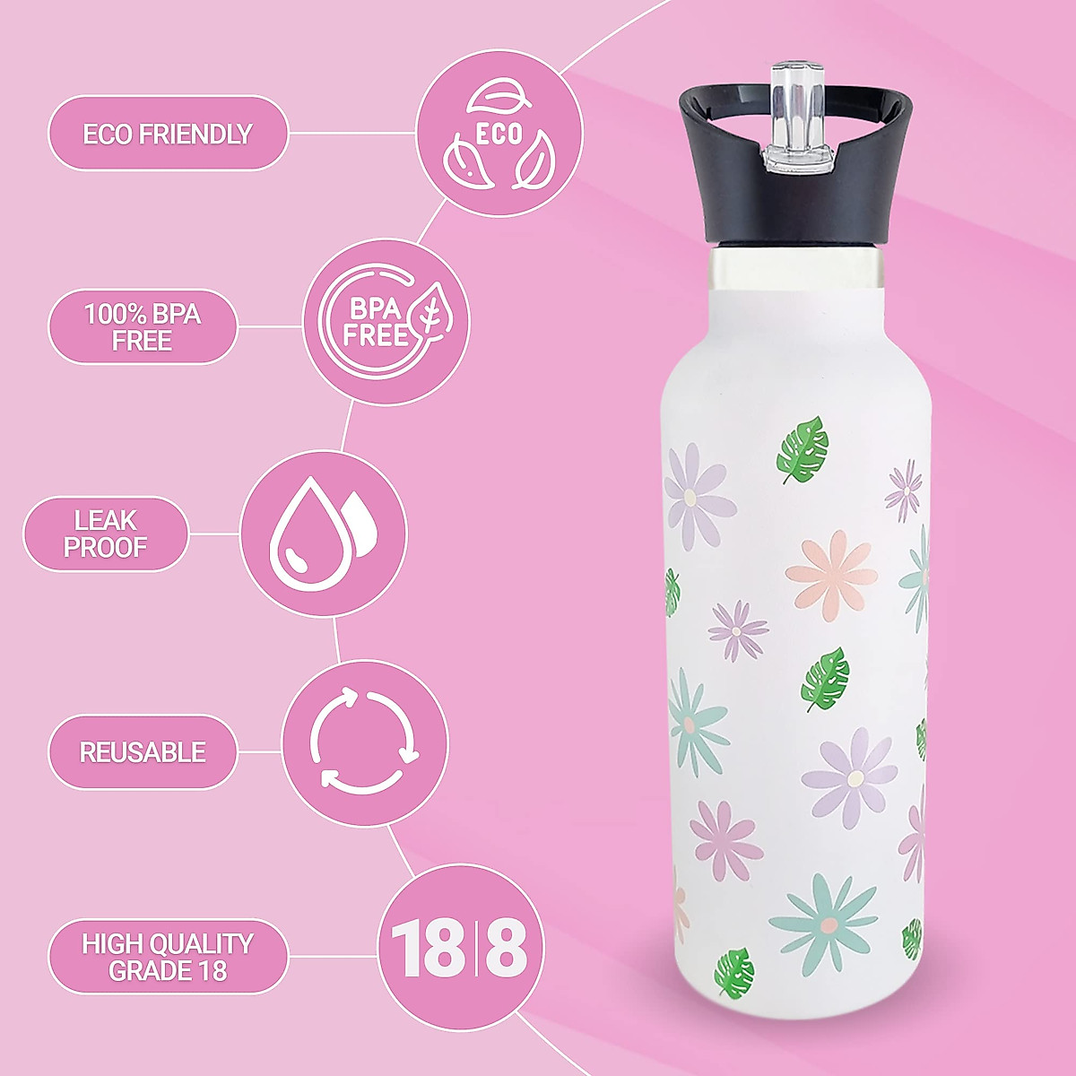 Stainless Steel Water Bottles – Insulated Bottles - Water Bottle with Straw - 2 Lids -1 Gift Box - 20 Oz - air up Water Bottle - Hot/Cold - Gift for her - Preppy Stuff (Flowers)