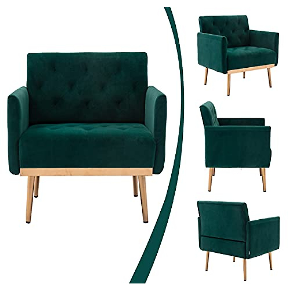 SLEERWAY Modern Velvet Single Sofa Chair, Upholstered Accent Living Room Chair, Comfy Armchair with Rose Golden Metal Legs, Tufted Chair for Reading or Lounging (Green)