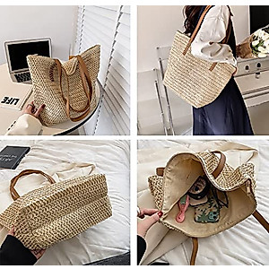 Large Straw Beach Bag for Womens, Straw Handbag Woven Tote Bag With Zipper Summer Straw Shoulder Bag (Beige)