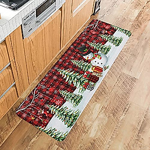 Libaoge Kitchen Mat Rug 1 PCS Christmas Snowman Xmas Tree Red Buffalo Plaid Runner Rug Anti-Fatigue Comfort Memory Foam Standing Mat Non-Slip Floor Door Mat for Bathroom Bedroom 18x59in