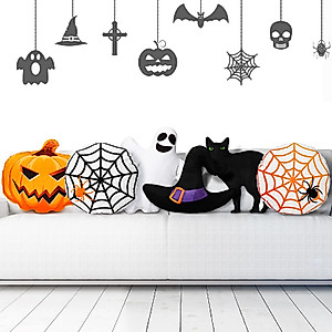 Qunclay 6 Pcs Halloween Pillows Pumpkin Throw Pillow Black Cat Witch Hat Ghost Spider Web Shaped Plush Pillow Halloween Throw Pillows Halloween Decor for Sofa Bed Children Party Gift Stuffed Plush