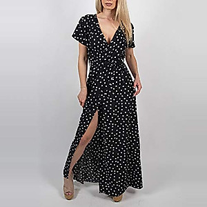 XIMIN Women's Fashion Casual Short Sleeve V-Neck Low Cut Printed Polka Dot Dress Beach Maxi Dress (Black, Size:XL)