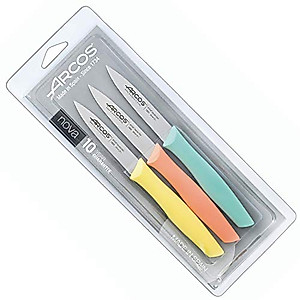 Arcos Paring Knife Set of 3 Pieces 4 Inch Stainless Steel. Colorful Kitchen Knives for Peeling Fruits and Vegetables. Ergonomic Polypropylene Handle. Series Nova. Color Orange, Yellow and Blue.
