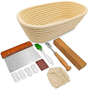 LITHOS Store 10 Inch Oval Natural Rattan Banneton Bread Proofing Basket Set with Bread Lame & Slashing Scraper - Natural Rattan Bread Proofing Basket, Ensures Crispy Crust & Fluffy Interior