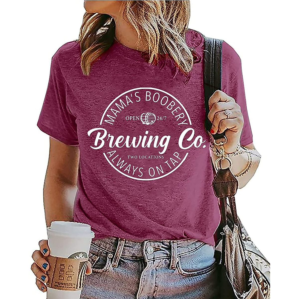 Mama's Boobery Always on Tap Shirt for Women Funny Letter Print Breastfeeding Tee Tops Humor Mother's Day Shirt Gift (M, Purple)