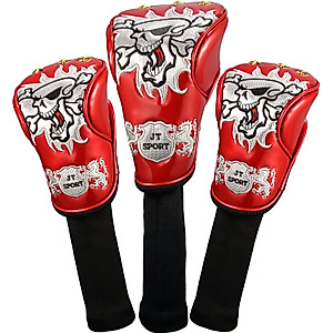 GOOACTION 3PCS/Set Skull Golf Head Covers for Driver and Fairway Woods Red Thick Crystal Leather Universal Golf Club Headcovers Protectors